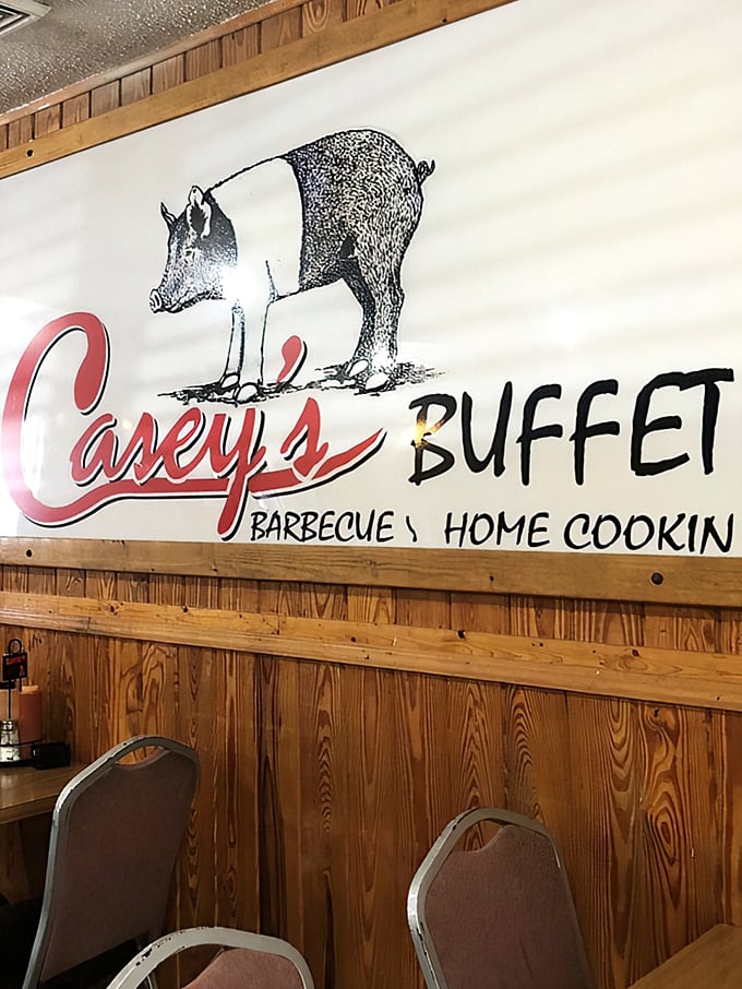The iconic Casey's logo featuring that knowing pig&mdash;he understands what awaits you inside. A silent promise of deliciousness to come.