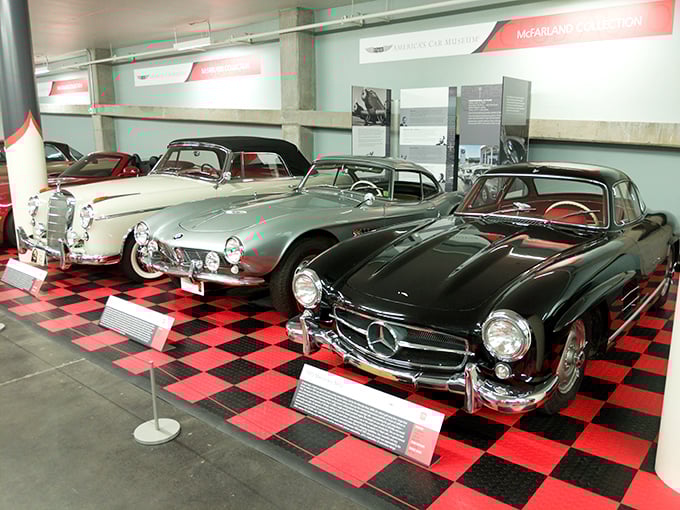 The McFarland Collection showcases European elegance with these Mercedes-Benz beauties. When German engineering met Hollywood glamour on a checkered floor.