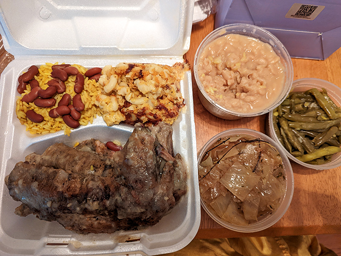 A feast fit for royalty: rice and beans, mac and cheese, and meat that's been cooked with patience and respect.