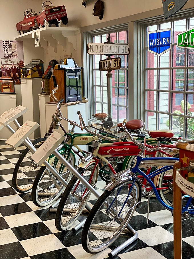 Even two-wheeled transportation gets the spotlight, with vintage bicycles showcasing America's love affair with wheels of all sizes.