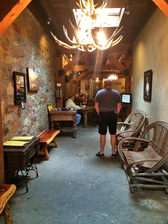 The waiting area, complete with antler chandelier, prepares you for the rustic feast ahead&mdash;like the opening credits to a delicious movie.