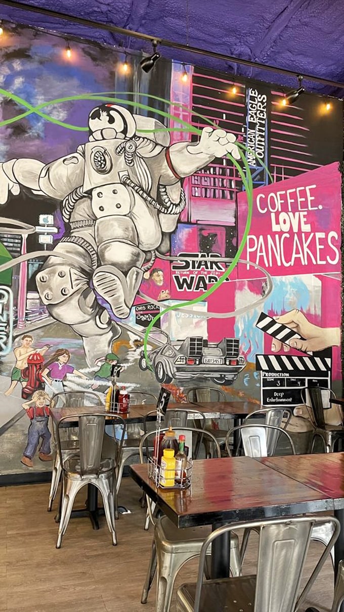 That mural featuring an astronaut declaring "COFFEE. LOVE. PANCAKES." is basically the breakfast version of "Live, Laugh, Love"&mdash;but infinitely cooler.