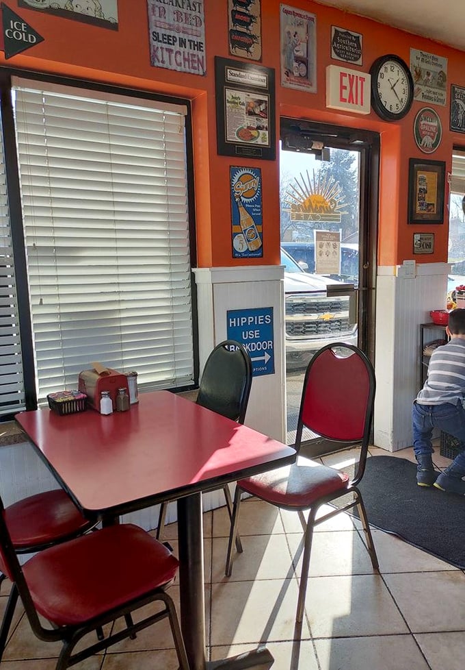 Wall d&eacute;cor that tells stories without saying a word. That "Hippies Use Backdoor" sign has probably sparked more conversations than a barista.