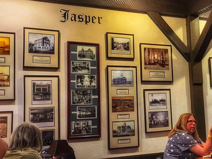 The wall of historic Jasper photos tells stories of German heritage while you contemplate ordering that second helping of spätzle.