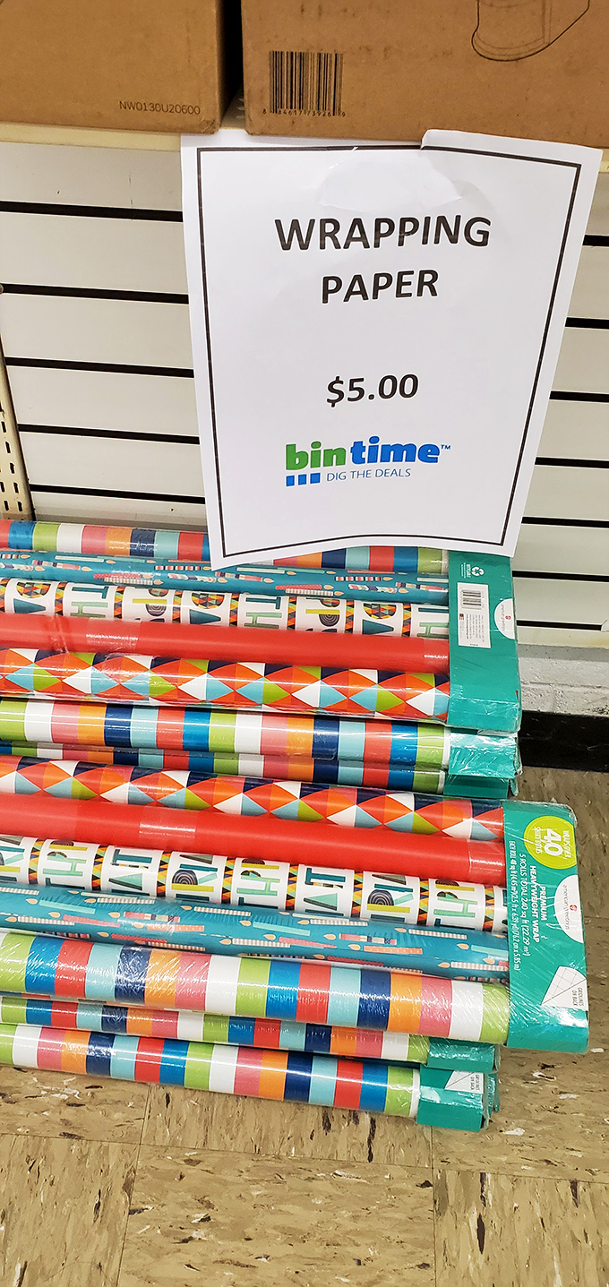 Wrapping paper that costs more at those fancy card stores than your actual gift. Stock up and become the neighborhood's gift-wrap emergency supplier.