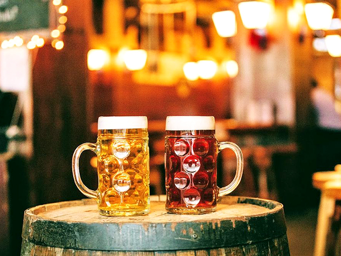 Two traditional beer steins catching the light &ndash; one golden, one amber &ndash; like liquid sunshine captured in dimpled glass.