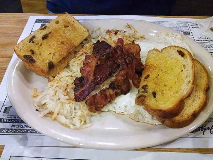 Eggs, hash browns, bacon, and toast&mdash;the Mount Rushmore of breakfast foods assembled on one democratic plate. No ingredient left behind.