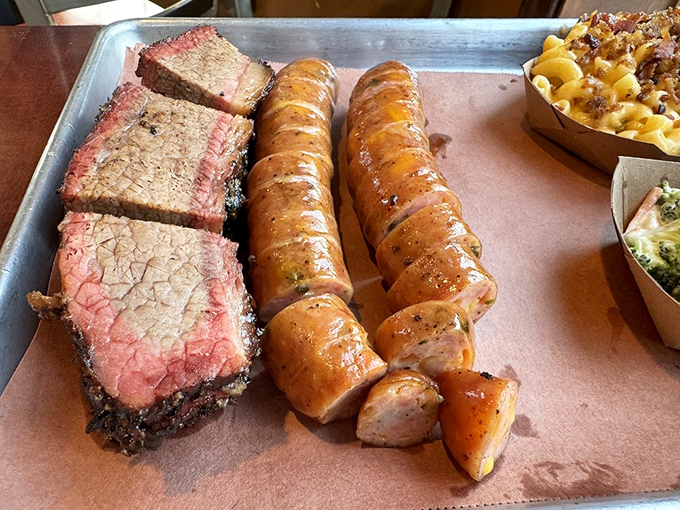 The brisket and sausage platter&mdash;or as I call it, "The Reason Stretchy Pants Were Invented." Notice the perfect smoke ring.