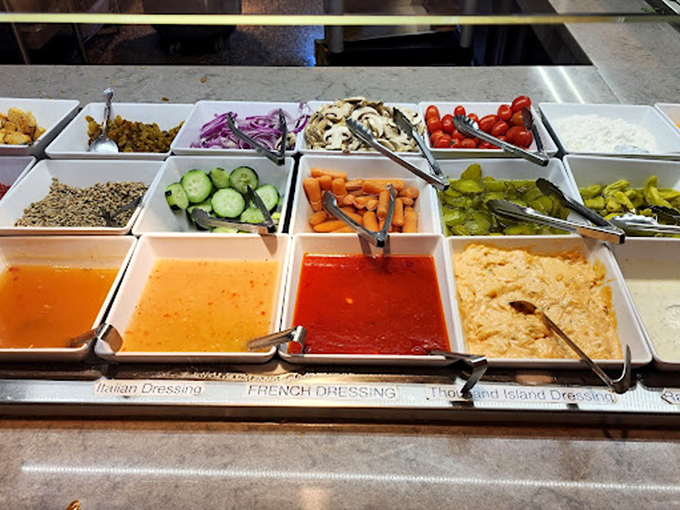 The salad bar's secret weapons: housemade dressings that transform ordinary vegetables into supporting characters worthy of your plate's limited real estate.