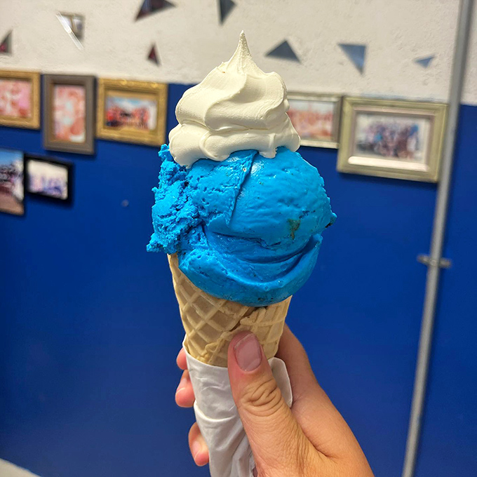 Cookie Monster would abandon Sesame Street for this electric blue masterpiece topped with cloud-like whipped cream. Worth every calorie.