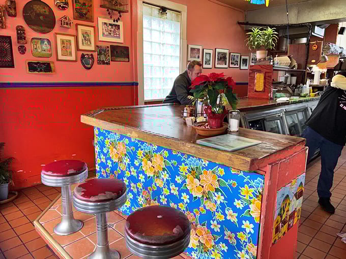 The counter where magic happens&mdash;vibrant oilcloth patterns and vintage bar stools invite you to pull up, settle in, and prepare for deliciousness.