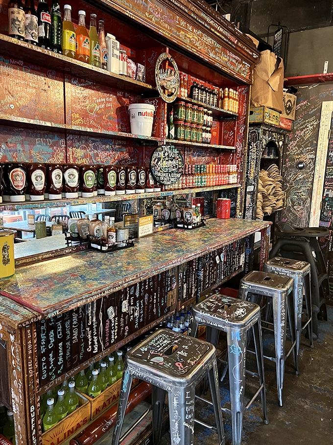 The counter where magic happens&mdash;bottles of hot sauce stand at attention like soldiers guarding the secret to perfect breakfast flavors.