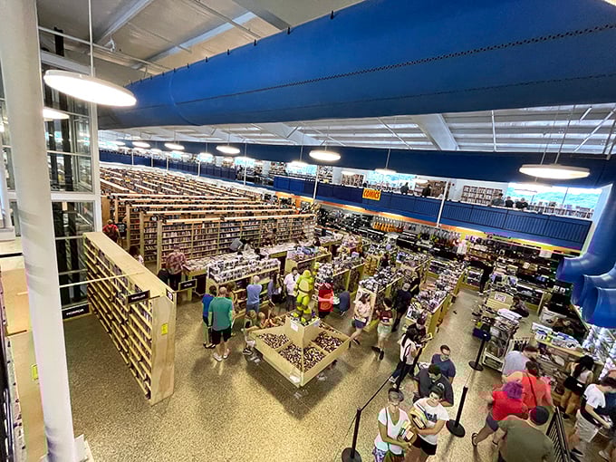 An aerial view reveals the magnificent scale of McKay's, where book hunters navigate aisles like explorers in a literary jungle. 