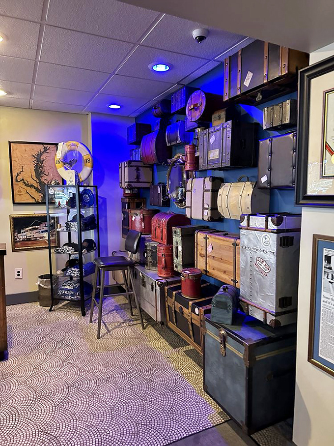 Vintage trunks and maritime memorabilia create a treasure-trove atmosphere. Like dining in the captain's quarters of a well-loved vessel.