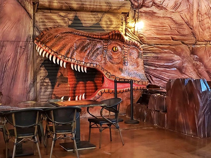 Dining in the jaws of a T-Rex adds a certain thrill to your meal. It's like Jurassic Park, but with better food and significantly fewer casualties.