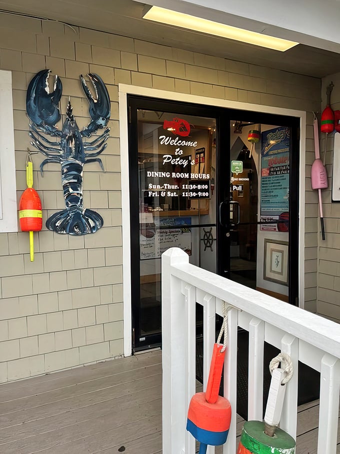 The blue lobster sign might as well be saying, "Abandon your diet, all ye who enter here." A siren call to seafood lovers.
