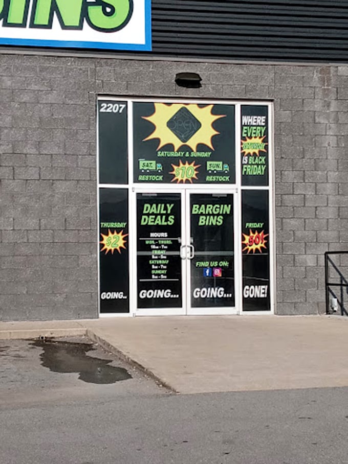 The entrance promises that "Every day is Black Friday," which explains the earnest shoppers with determined looks and blue carts at the ready.