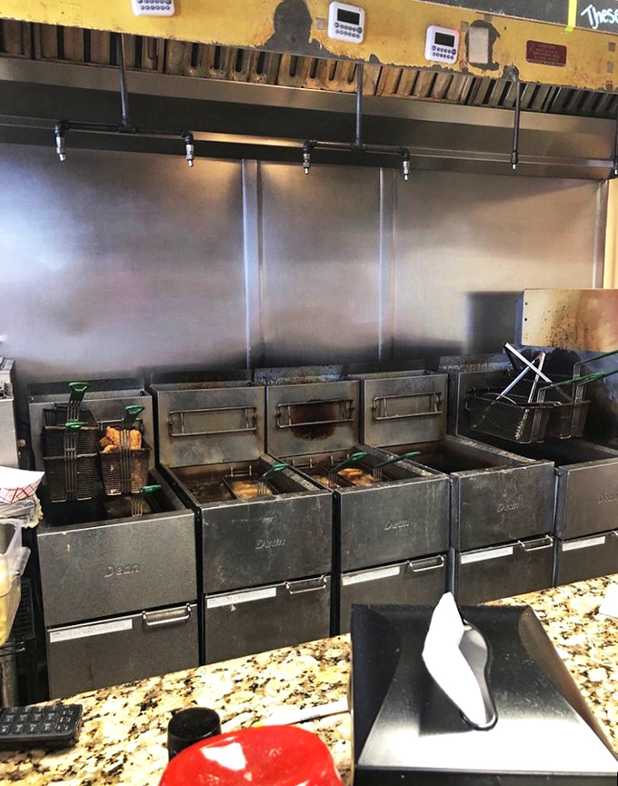 The battery of fryers&mdash;workhorses of deliciousness&mdash;where ordinary chicken transcends to extraordinary. This is where the magic happens.