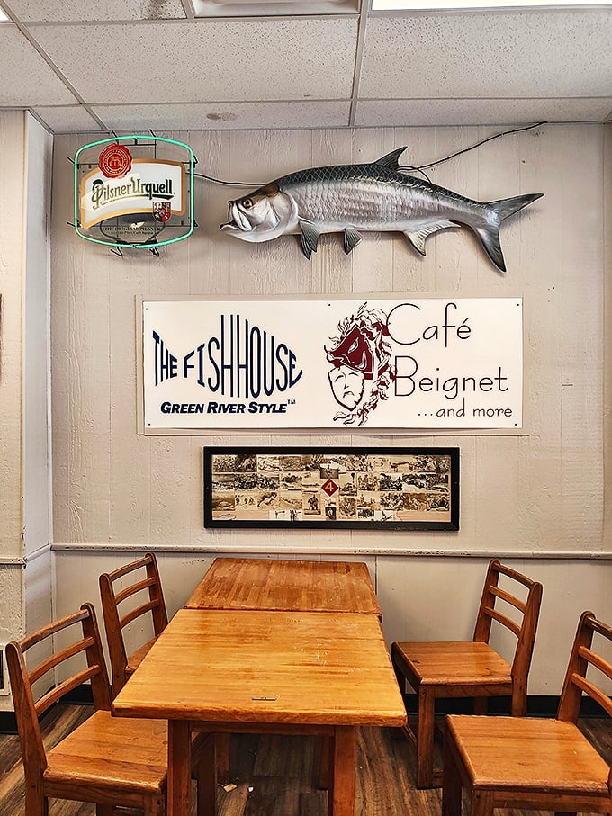 The fish on the wall isn't judging your order&mdash;it's jealous. Nautical d&eacute;cor that feels earned, not manufactured.