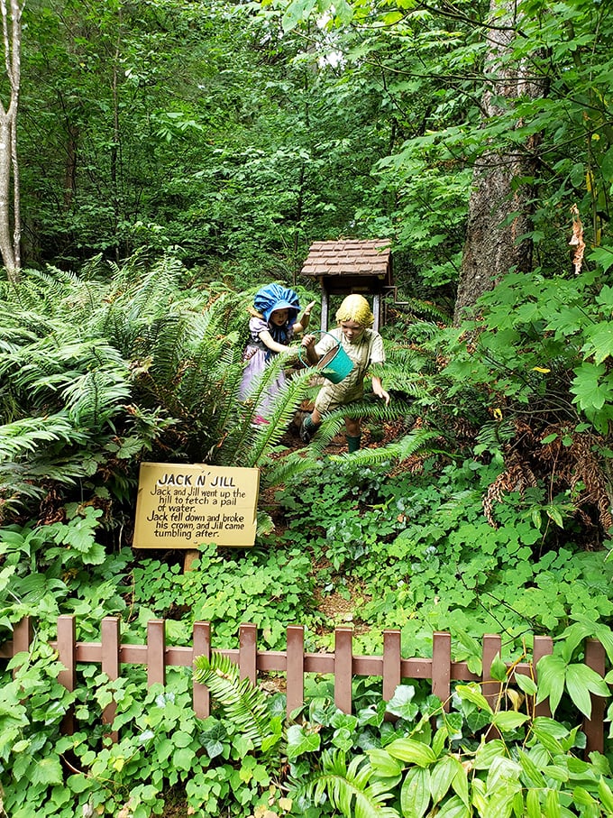Jack and Jill's tumble down the hill immortalized in sculptural form. Thankfully, visiting children fare better than these nursery rhyme legends! P