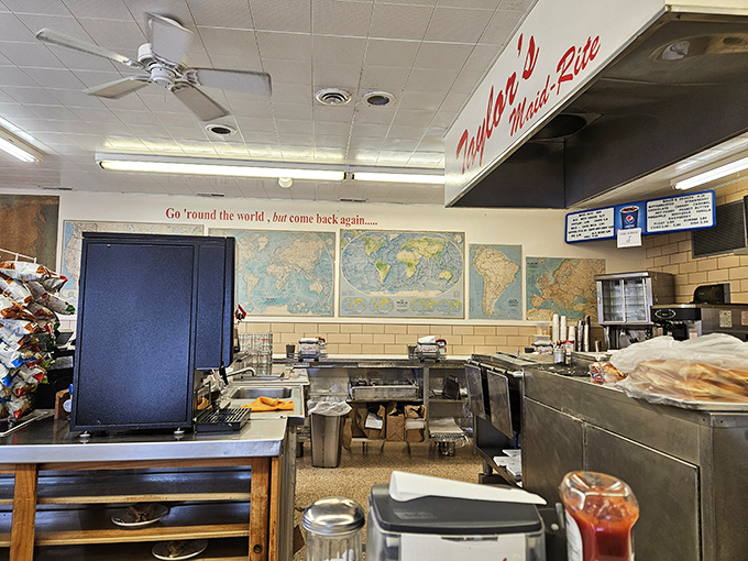 The world map on the wall seems to whisper, "Go 'round the world, but come back again"&mdash;sage advice for anyone who's tasted these sandwiches.