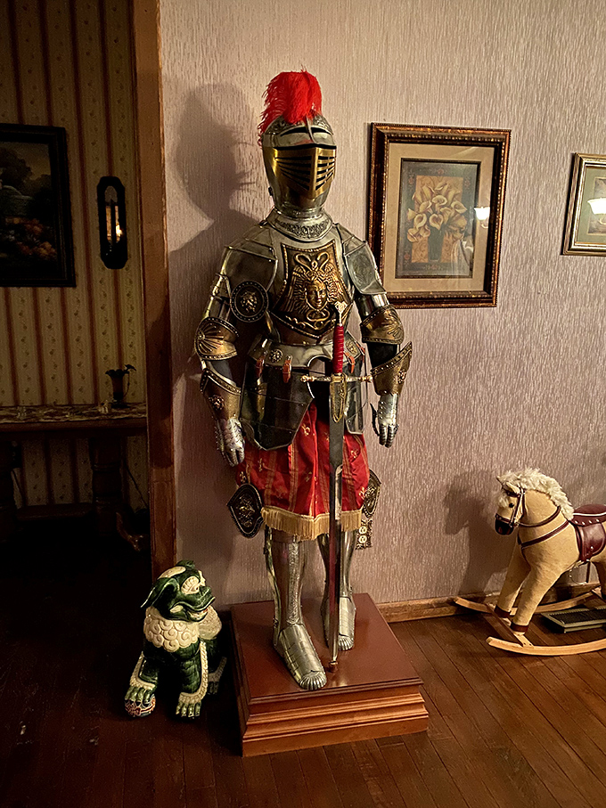 This knight stands eternal watch, never complaining about the desert heat in his full armor. His frog companion seems equally committed to the castle's security detail.
