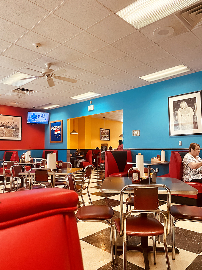 Bold colors, classic diner chairs, and the promise of good eating. The blue and red color scheme isn't just patriotic&mdash;it's appetizing.