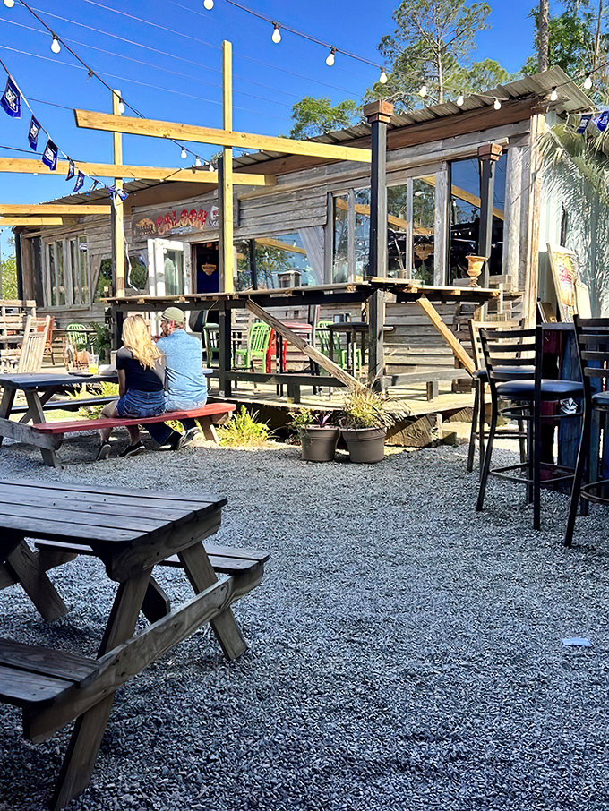 The outdoor seating area&mdash;where fresh air enhances the barbecue experience. String lights included for that perfect Southern evening ambiance.