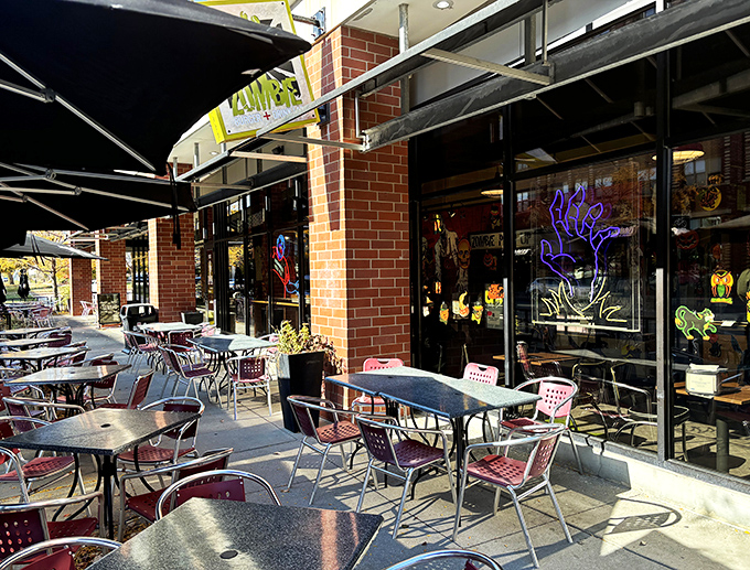 Outdoor seating for those brave souls who prefer to dine under the sun. Zombies notoriously avoid bright light and fresh air.