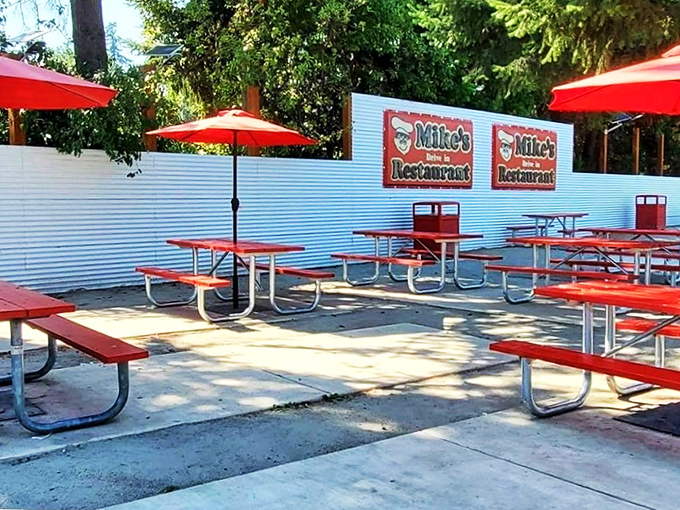 The outdoor seating area &ndash; where summer days, umbrella shade, and picnic tables create the perfect backdrop for burger bliss. 