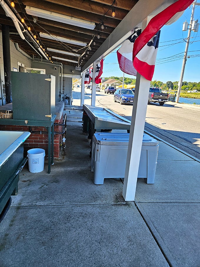 The outdoor area flies its flags proudly, a testament to tradition in a world that changes too quickly.