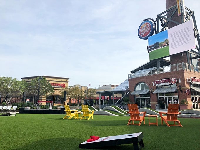 Colorful Adirondack chairs invite weary shoppers to take five while contemplating life's important questions&mdash;like "Can I fit another shopping bag in my car?"