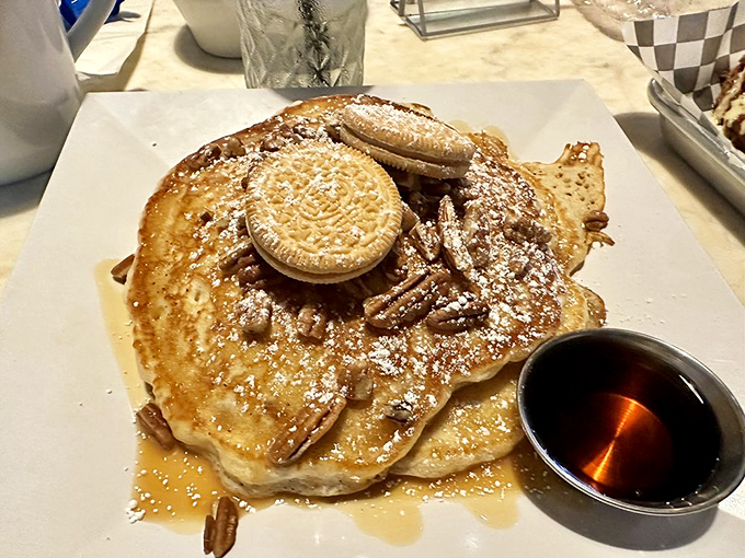 Pancakes crowned with cookies and pecans&mdash;because sometimes breakfast should feel like you're getting away with something naughty.