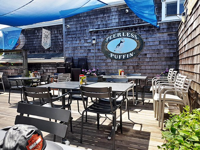 Not the Chowder Bowl patio, but neighboring coastal dining showing the quintessential Oregon seaside architecture that makes every meal feel like vacation.
