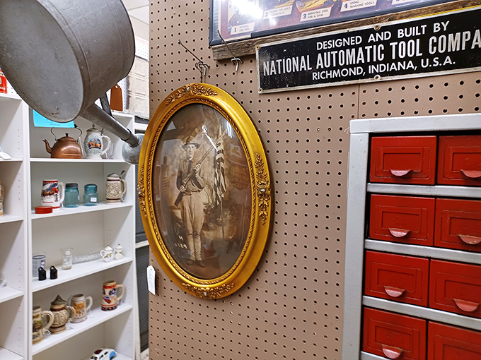 History frames itself in unexpected ways&mdash;this gold-framed portrait and vintage industrial sign remind us that Indiana's past is always present.