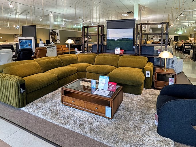 This moss-green sectional doesn't just invite conversation&mdash;it practically starts one. "Come, sit, stay awhile," it beckons with retro-modern charm.