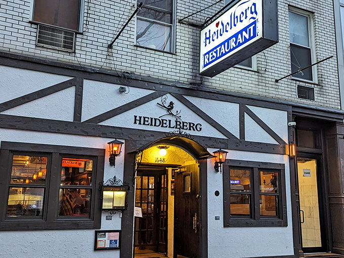The sign proudly waves between American and German flags, a diplomatic summit of flavors taking place just behind these doors.