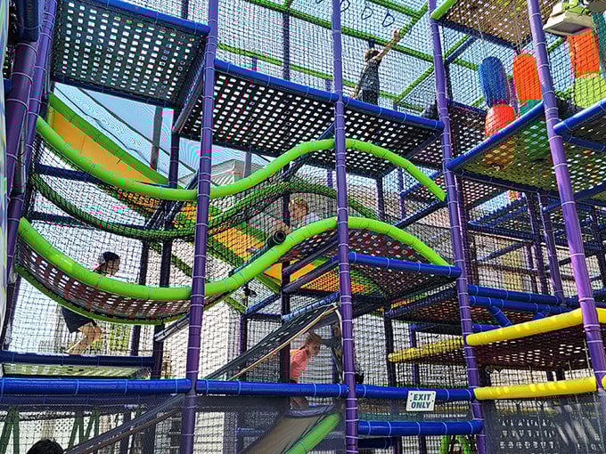 A rainbow-colored playground maze where kids burn energy and parents secretly wish they could join in. Adult-sized slides should be mandatory!