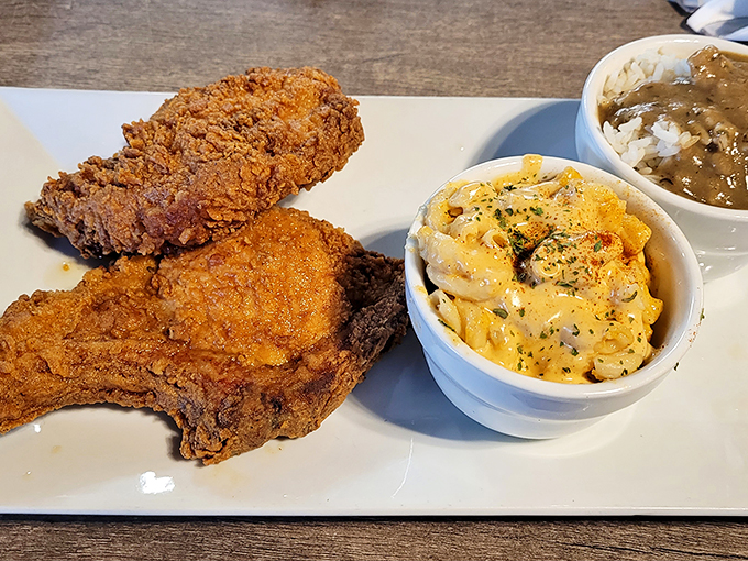 Southern fried chicken with a crust that crackles like a vinyl record of your favorite song, alongside mac & cheese that's pure comfort in a bowl.