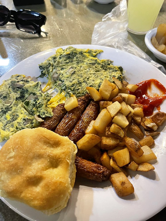 An omelet that doesn't skimp on the fillings &ndash; it's the breakfast equivalent of "go big or go home" philosophy.