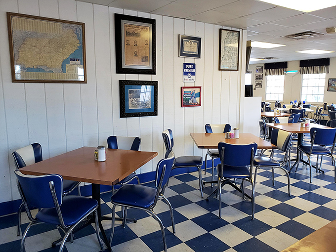 Empty tables that won't stay that way for long. The quiet before the storm in this dining room where memories are made between bites.