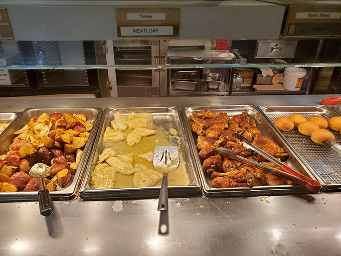 Turkey, meatloaf, and chicken&mdash;the holy trinity of American comfort food, glistening under the heat lamps like culinary celebrities.
