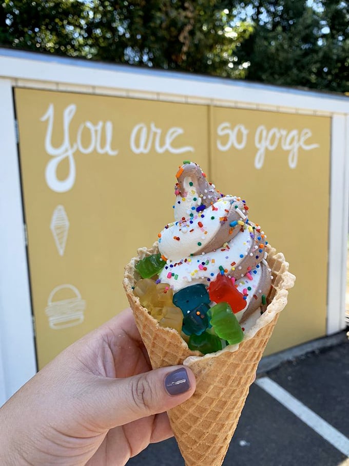 Soft serve swirled with gummy bears&mdash;proof that sometimes the best adult decisions look suspiciously like childhood dreams.