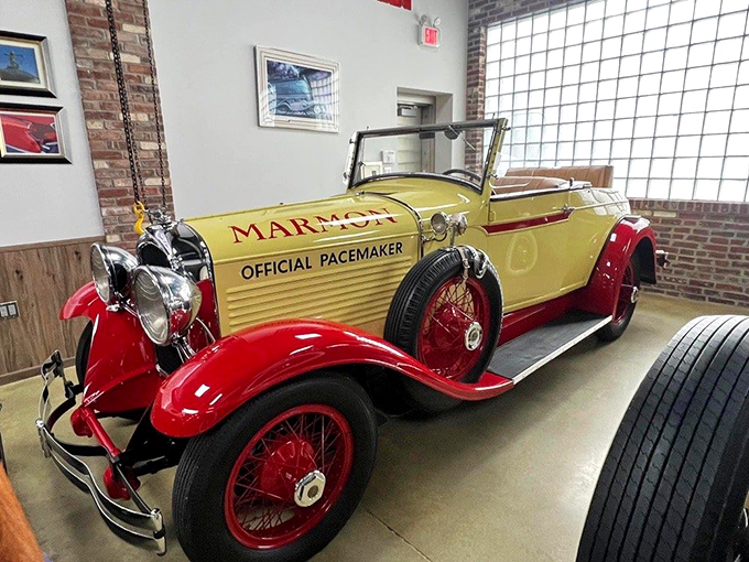 The 1928 Marmon "Official Pacemaker" gleams with Jazz Age optimism. Those red wheels and yellow body would make Gatsby himself green with envy.