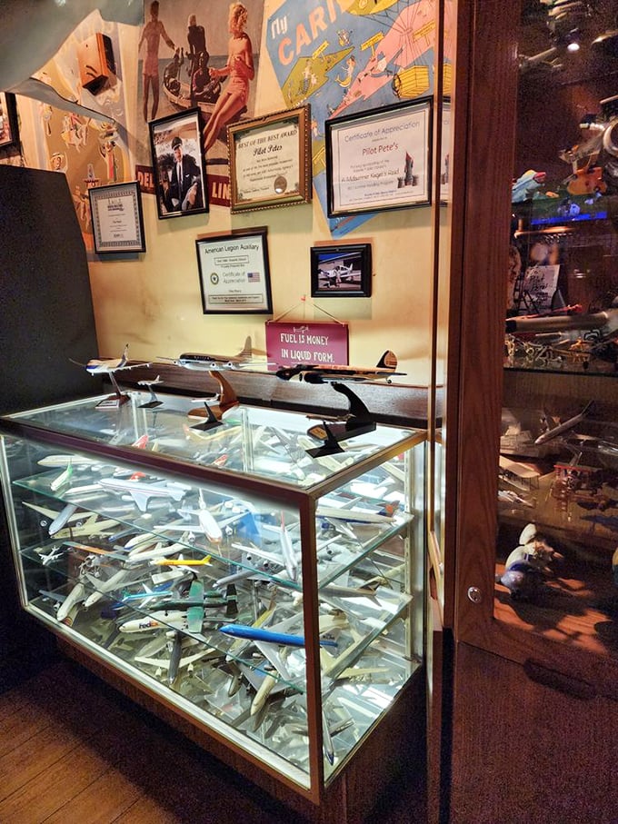 This display case holds more tiny planes than O'Hare on a holiday weekend, each one meticulously crafted and proudly displayed.