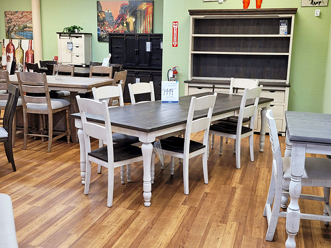 Farmhouse meets modern in this dining collection. White chairs with dark tabletops: the mullet of furniture&mdash;business on top, party on the bottom.