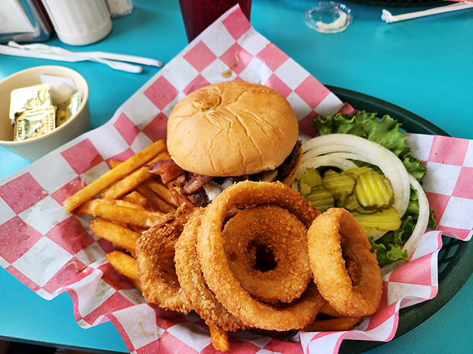 Lunch makes an appearance! This burger with onion rings isn't just a meal&mdash;it's proof that Dagwood's mastery extends beyond breakfast hours.