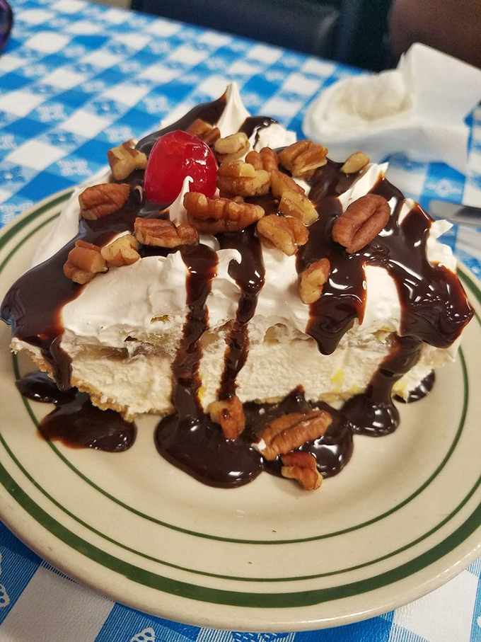 A banana split reimagined as pie, complete with chocolate drizzle and pecans that add the perfect crunch factor.
