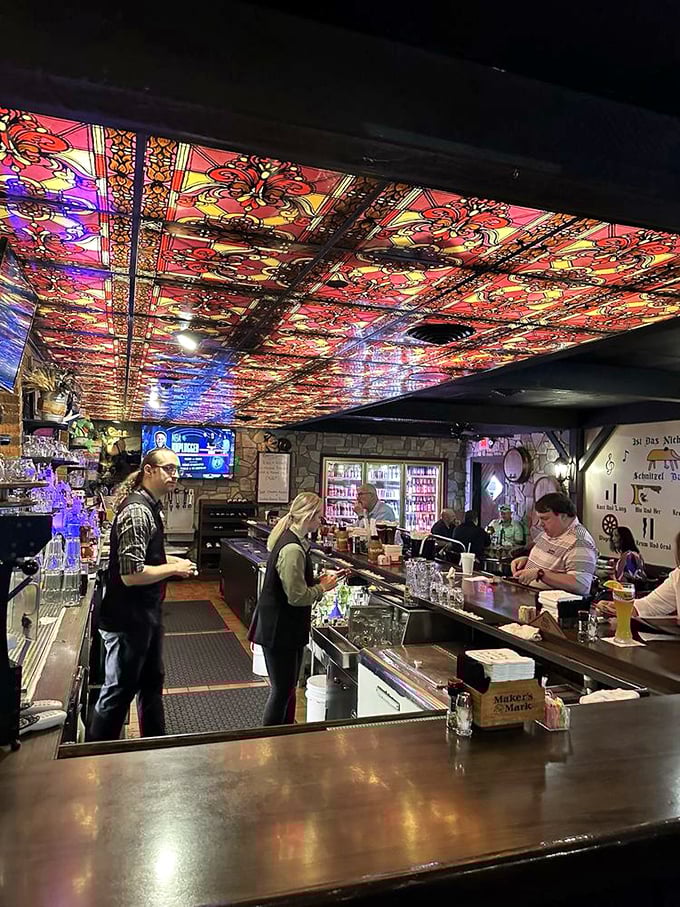 The bar's stained-glass ceiling creates a kaleidoscope effect that makes every beer seem a little more magical than the last.