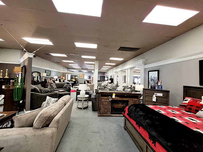 A bedroom furniture display that whispers "adult sanctuary" rather than shouting "place where laundry accumulates."